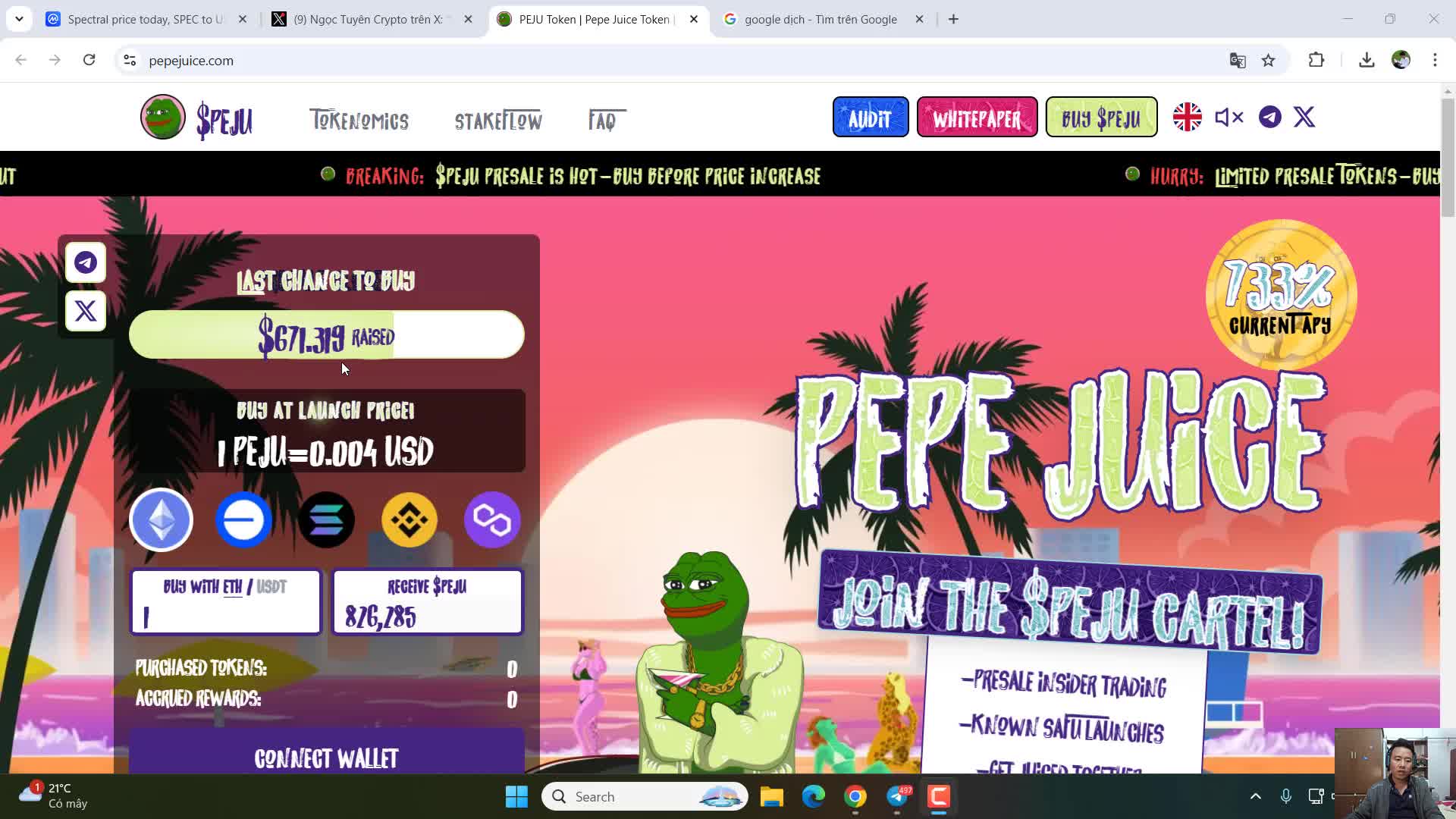 Pepe_Juice PEJU memecoin Raise vốn 671k$ Sắp niêm yết lên sàn 28/1 Có ...