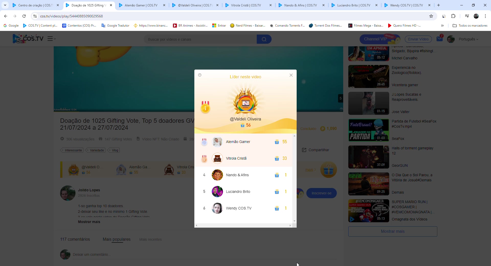 Top Ganhadores Gifting Vote 1025 - COS.TV